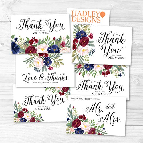 24 Floral Navy Burgundy Wedding Thank You Cards With Envelopes, Elegant Bridal Shower Thank You Note From The New Mr. & Mrs. Newlywed Wine Flower Gratitude Supplies, 4x6 Personalized Bulk Stationery