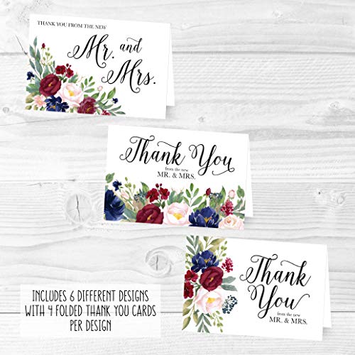 24 Floral Navy Burgundy Wedding Thank You Cards With Envelopes, Elegant Bridal Shower Thank You Note From The New Mr. & Mrs. Newlywed Wine Flower Gratitude Supplies, 4x6 Personalized Bulk Stationery