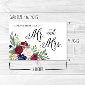 24 Floral Navy Burgundy Wedding Thank You Cards With Envelopes, Elegant Bridal Shower Thank You Note From The New Mr. & Mrs. Newlywed Wine Flower Gratitude Supplies, 4x6 Personalized Bulk Stationery