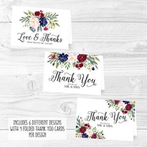 24 Floral Navy Burgundy Wedding Thank You Cards With Envelopes, Elegant Bridal Shower Thank You Note From The New Mr. & Mrs. Newlywed Wine Flower Gratitude Supplies, 4x6 Personalized Bulk Stationery