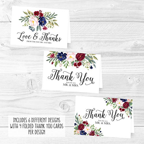 24 Floral Navy Burgundy Wedding Thank You Cards With Envelopes, Elegant Bridal Shower Thank You Note From The New Mr. & Mrs. Newlywed Wine Flower Gratitude Supplies, 4x6 Personalized Bulk Stationery