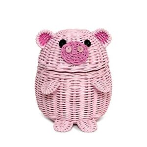 G6 COLLECTION Pig Rattan Storage Basket with Lid Decorative Bin Home Decor Hand Woven Shelf Organizer Cute Handmade Handcrafted Gift Art Decoration Artwork Wicker Pink Piggy (Small)