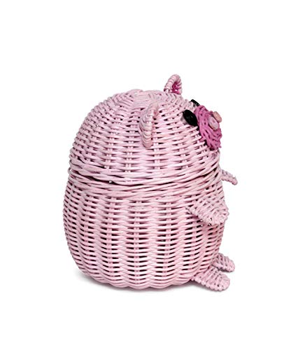 G6 COLLECTION Pig Rattan Storage Basket with Lid Decorative Bin Home Decor Hand Woven Shelf Organizer Cute Handmade Handcrafted Gift Art Decoration Artwork Wicker Pink Piggy (Small)