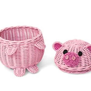 G6 COLLECTION Pig Rattan Storage Basket with Lid Decorative Bin Home Decor Hand Woven Shelf Organizer Cute Handmade Handcrafted Gift Art Decoration Artwork Wicker Pink Piggy (Small)