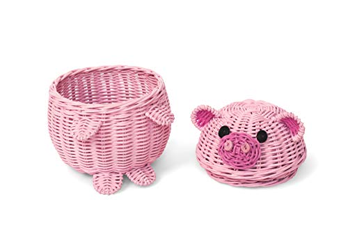 G6 COLLECTION Pig Rattan Storage Basket with Lid Decorative Bin Home Decor Hand Woven Shelf Organizer Cute Handmade Handcrafted Gift Art Decoration Artwork Wicker Pink Piggy (Small)