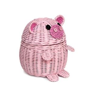 G6 COLLECTION Pig Rattan Storage Basket with Lid Decorative Bin Home Decor Hand Woven Shelf Organizer Cute Handmade Handcrafted Gift Art Decoration Artwork Wicker Pink Piggy (Small)