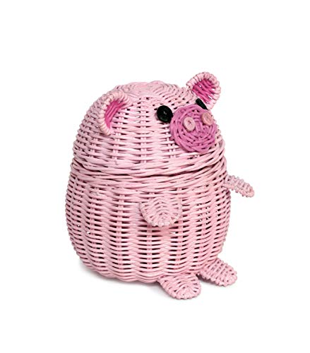 G6 COLLECTION Pig Rattan Storage Basket with Lid Decorative Bin Home Decor Hand Woven Shelf Organizer Cute Handmade Handcrafted Gift Art Decoration Artwork Wicker Pink Piggy (Small)