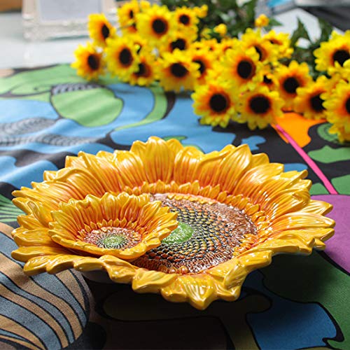 FORLONG Ceramic Chip & Dip Platter, Double Layer Handpainted Yellow Sunflower Design -11.4 inches