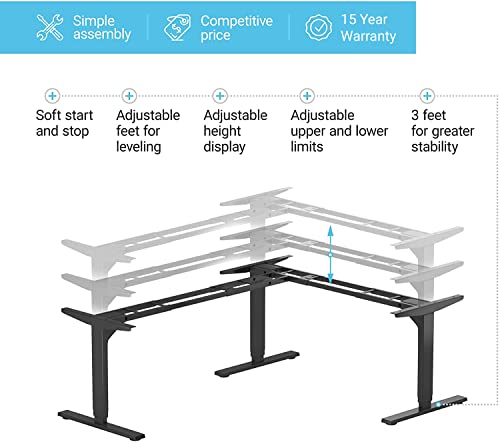 Standing Desk Corner Frame. Adjustable Height and Width Legs with Triple Electric Motors for Home Office L Shaped Desk FLT-05 Black