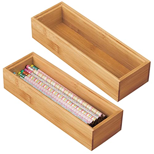 mDesign Wooden Bamboo Office Drawer Organizer Box Tray, Stackable Storage for Drawers, Cabinets, Shelves, Cubby, or Desktop, Hold Pens, Pencils, Supplies, Echo Collection, 2 Pack, Natural Wood Finish