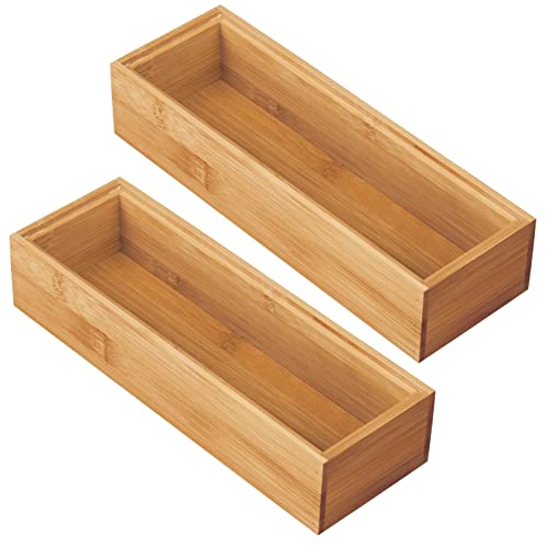 mDesign Wooden Bamboo Office Drawer Organizer Box Tray, Stackable Storage for Drawers, Cabinets, Shelves, Cubby, or Desktop, Hold Pens, Pencils, Supplies, Echo Collection, 2 Pack, Natural Wood Finish