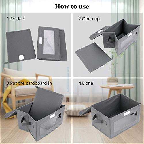 DIMJ 4-Pack Storage Bins with Flip-top Lids, Collapsible Fabric Storage Baskets Organizer Box with Large Clear Window for Clothes, Toys, Books, Closet, Shelves, Kids Room, Office, Dark Grey