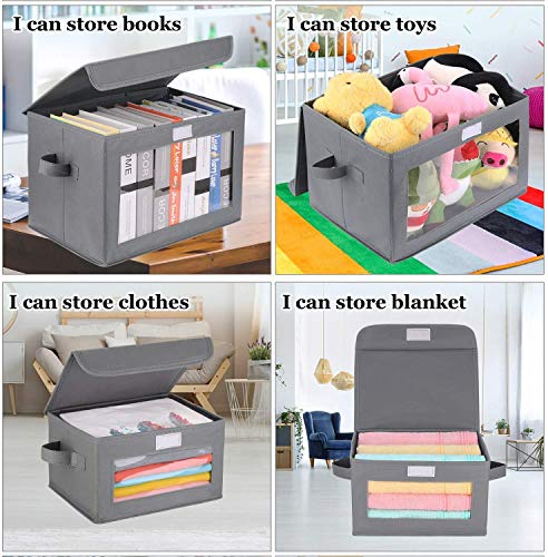 DIMJ 4-Pack Storage Bins with Flip-top Lids, Collapsible Fabric Storage Baskets Organizer Box with Large Clear Window for Clothes, Toys, Books, Closet, Shelves, Kids Room, Office, Dark Grey