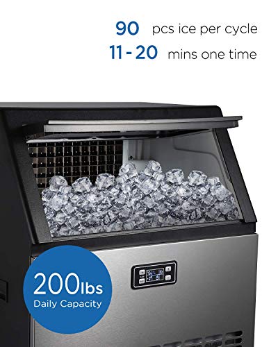 Northair Commercial Ice Maker Machine 200lbs Ice /24H Stainless Steel Free-Standing Ice Maker Machine with LCD Display, Ideal For Restaurant, Bar, Coffee Shop