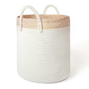 woven basket rope storage basket - large cotton organizer 16 x 14 x 14 inches, natural and safe for baby and kids, two-tone woven organizer with corn skin