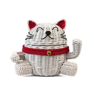 G6 COLLECTION Cat Rattan Storage Basket With Lid Decorative Bin Home Decor Hand Woven Shelf Organizer Cute Handmade Handcrafted Nursery Gift Animal Art Decoration Artwork Wicker Kitten