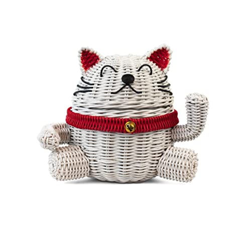 G6 COLLECTION Cat Rattan Storage Basket With Lid Decorative Bin Home Decor Hand Woven Shelf Organizer Cute Handmade Handcrafted Nursery Gift Animal Art Decoration Artwork Wicker Kitten