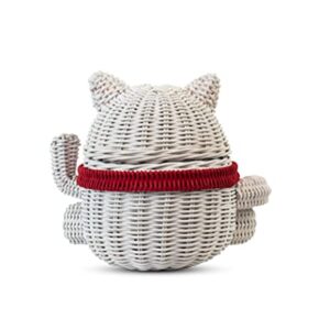 G6 COLLECTION Cat Rattan Storage Basket With Lid Decorative Bin Home Decor Hand Woven Shelf Organizer Cute Handmade Handcrafted Nursery Gift Animal Art Decoration Artwork Wicker Kitten