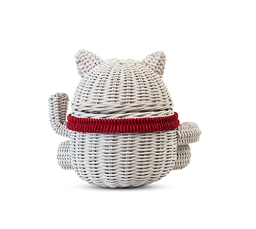 G6 COLLECTION Cat Rattan Storage Basket With Lid Decorative Bin Home Decor Hand Woven Shelf Organizer Cute Handmade Handcrafted Nursery Gift Animal Art Decoration Artwork Wicker Kitten