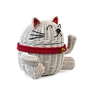 G6 COLLECTION Cat Rattan Storage Basket With Lid Decorative Bin Home Decor Hand Woven Shelf Organizer Cute Handmade Handcrafted Nursery Gift Animal Art Decoration Artwork Wicker Kitten