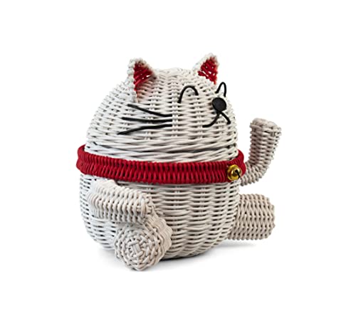 G6 COLLECTION Cat Rattan Storage Basket With Lid Decorative Bin Home Decor Hand Woven Shelf Organizer Cute Handmade Handcrafted Nursery Gift Animal Art Decoration Artwork Wicker Kitten