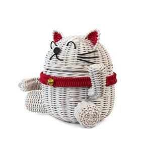 G6 COLLECTION Cat Rattan Storage Basket With Lid Decorative Bin Home Decor Hand Woven Shelf Organizer Cute Handmade Handcrafted Nursery Gift Animal Art Decoration Artwork Wicker Kitten