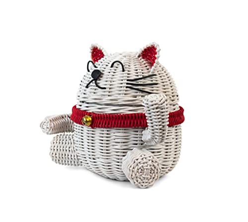 G6 COLLECTION Cat Rattan Storage Basket With Lid Decorative Bin Home Decor Hand Woven Shelf Organizer Cute Handmade Handcrafted Nursery Gift Animal Art Decoration Artwork Wicker Kitten