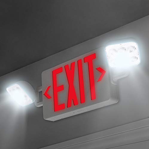 LFI Lights | Combo Red Exit Sign with Emergency Lights | White Housing | All LED | Two Adjustable Square Heads | Hardwired with Battery Backup | UL Listed | (2 Pack) | COMBOLG-R