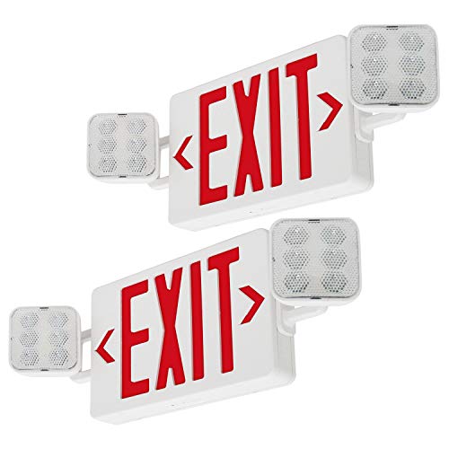 LFI Lights | Combo Red Exit Sign with Emergency Lights | White Housing | All LED | Two Adjustable Square Heads | Hardwired with Battery Backup | UL Listed | (2 Pack) | COMBOLG-R