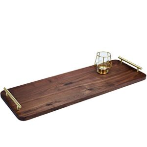 magigo 28 x 10 inches extra long rectangle large walnut wood ottoman plank tray with pure copper handles, serve tea, coffee or breakfast in bed, classic wooden decorative serving tray