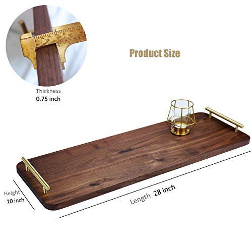 MAGIGO 28 x 10 Inches Extra Long Rectangle Large Walnut Wood Ottoman Plank Tray with Pure Copper Handles, Serve Tea, Coffee or Breakfast in Bed, Classic Wooden Decorative Serving Tray