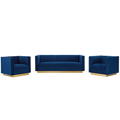 Modway Sanguine 3 Piece Vertical Channel Tufted Upholstered Performance Velvet Set, Navy