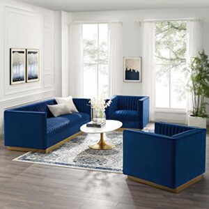 Modway Sanguine 3 Piece Vertical Channel Tufted Upholstered Performance Velvet Set, Navy