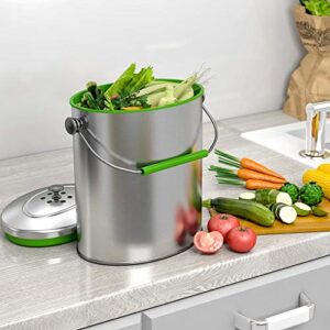 iTouchless Stainless Steel Compost Bin 1.6 Gallon Includes AbsorbX Odor Filter System, Titanium Rust-Free Space-efficient Slim Oval Shape 6 Liter Kitchen Countertop Trash Can