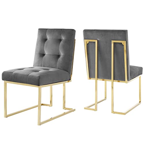 Modway Privy Stainless Steel Performance Velvet Dining Chair Set of 2, Gold Charcoal