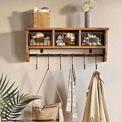 Rolanstar Wall Mounted Shelf with Hooks, Entryway Organizer Shelf with Storage Basket, Wall Mount Coat Rack with 6 Hooks, 24” Coffee Bar Hanging Shelf for Living Room,Bathroom,Kitchen,Rustic Brown