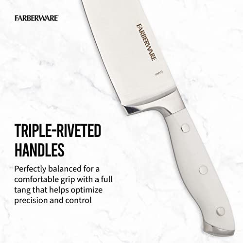 Farberware 15-Piece Forged Triple Rivet Knife Block Set, Razor-Sharp Kitchen Knife Set with Wood Block, High-Carbon Stainless Steel, White