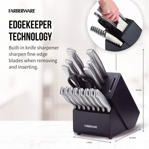 Farberware Edgekeeper 16-Piece Stainless Steel Knife Block Set with Built in Knife Sharpener, High Carbon-Stainless Steel Kitchen Knives, Razor-Sharp Knife Set, Black