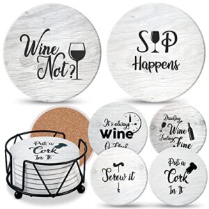 coasters for drinks absorbents with holder - 6 pcs gift set with 6 funny sayings for wine lovers - ceramic stone with corked back, unique present for housewarming, living room decor