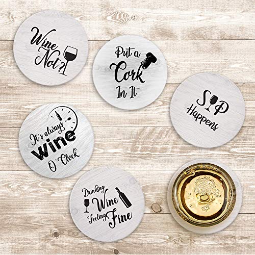 Coasters for Drinks Absorbents with Holder - 6 Pcs Gift Set with 6 Funny Sayings for Wine Lovers - Ceramic Stone with Corked Back, Unique Present for Housewarming, Living Room Decor