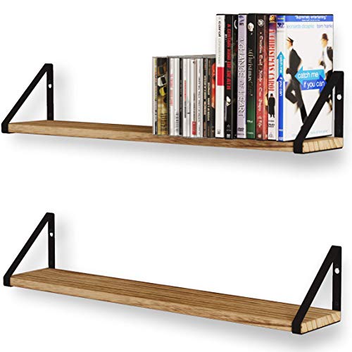 Wallniture Ponza Floating Shelves for Living Room Wall Decor, 24" Wood Wall Bookshelves, DVD Storage Shelf Bedroom Bathroom Decor Natural Burnt Set of 2