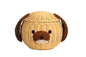 g6 collection dog rattan storage basket with lid decorative bin home decor hand woven shelf organizer cute handmade handcrafted gift art decoration artwork wicker puppy (dog head)