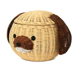 G6 COLLECTION Dog Rattan Storage Basket with Lid Decorative Bin Home Decor Hand Woven Shelf Organizer Cute Handmade Handcrafted Gift Art Decoration Artwork Wicker Puppy (Dog Head)