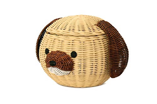 G6 COLLECTION Dog Rattan Storage Basket with Lid Decorative Bin Home Decor Hand Woven Shelf Organizer Cute Handmade Handcrafted Gift Art Decoration Artwork Wicker Puppy (Dog Head)