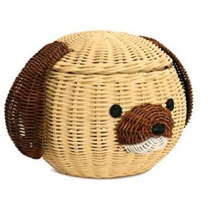 G6 COLLECTION Dog Rattan Storage Basket with Lid Decorative Bin Home Decor Hand Woven Shelf Organizer Cute Handmade Handcrafted Gift Art Decoration Artwork Wicker Puppy (Dog Head)