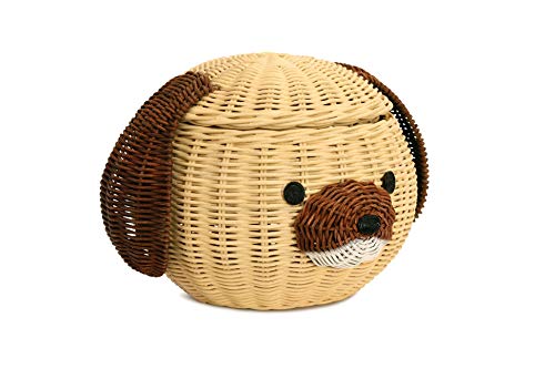 G6 COLLECTION Dog Rattan Storage Basket with Lid Decorative Bin Home Decor Hand Woven Shelf Organizer Cute Handmade Handcrafted Gift Art Decoration Artwork Wicker Puppy (Dog Head)