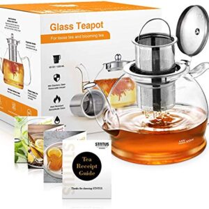 STNTUS Glass Teapot, 40 oz. / 1200 ml Teapot, Glass Tea Pot for Loose Tea, Glass Teapot with Infusers for Loose Tea, Tea Pot for Stove, Teapot with Stainless Steel Strainer, Teapot for 4-6 Cups