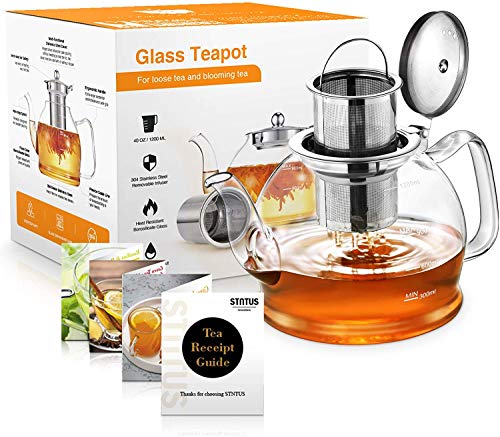 STNTUS Glass Teapot, 40 oz. / 1200 ml Teapot, Glass Tea Pot for Loose Tea, Glass Teapot with Infusers for Loose Tea, Tea Pot for Stove, Teapot with Stainless Steel Strainer, Teapot for 4-6 Cups