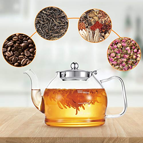 STNTUS Glass Teapot, 40 oz. / 1200 ml Teapot, Glass Tea Pot for Loose Tea, Glass Teapot with Infusers for Loose Tea, Tea Pot for Stove, Teapot with Stainless Steel Strainer, Teapot for 4-6 Cups