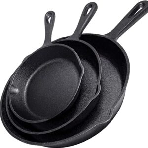 Pre-Seasoned Cast Iron Skillet 3-Piece Set - Best Heavy-Duty Professional Restaurant Chef Quality Pan Cookware Set - 10", 8", 6" - Great For Frying, Saute, Cooking, Pizza etc, Black